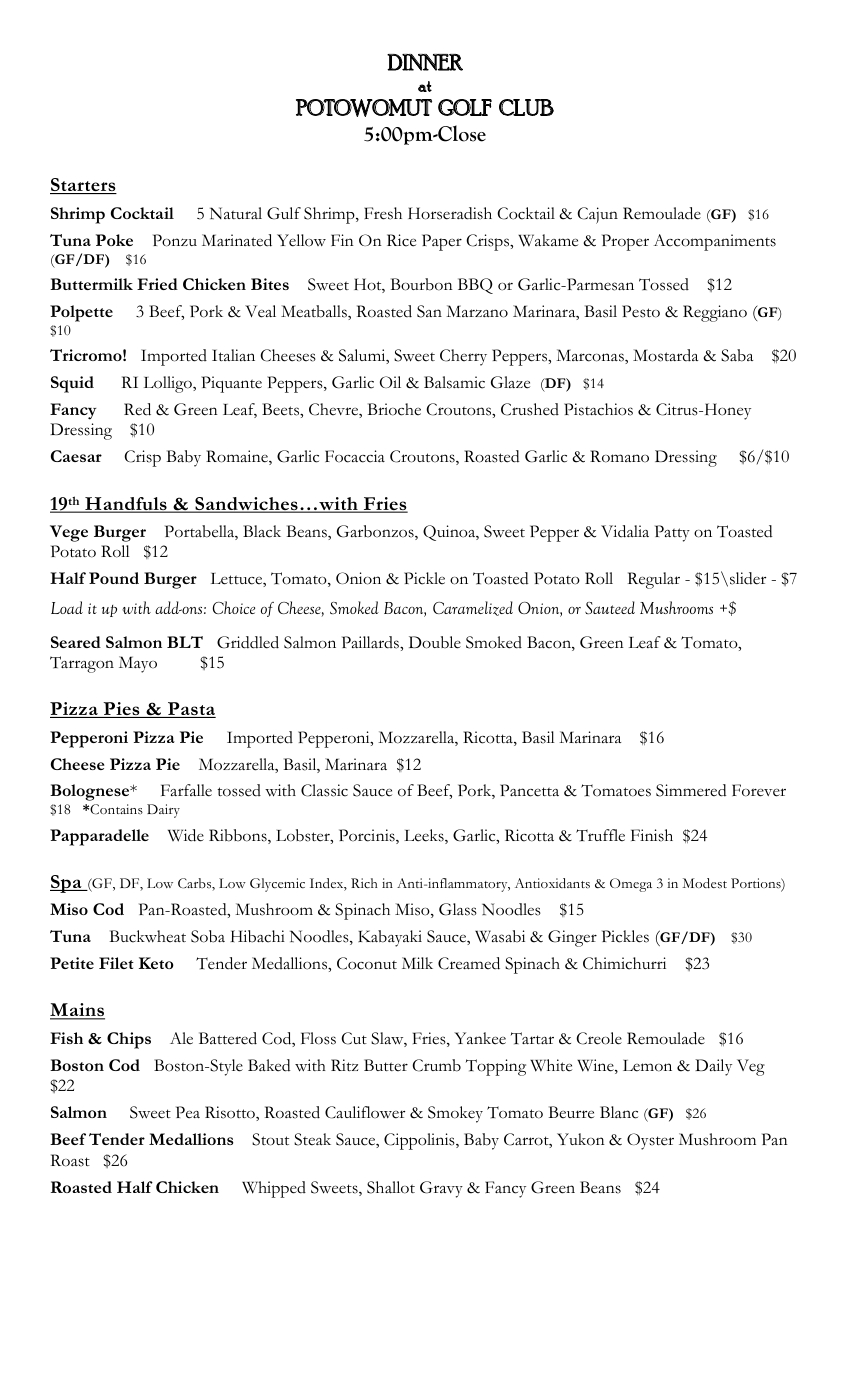 Dining at Potowomut - Potowomut Golf Club